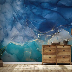 Abstract Blue Gold Art Wallpaper Luxury Artistic Mural Non - Etsy