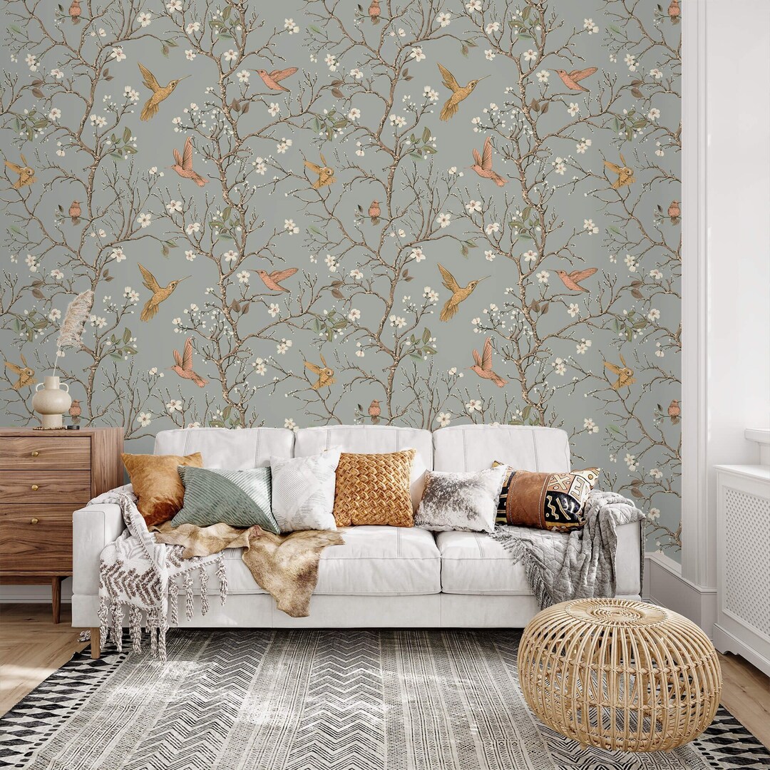 Wallpaper Chinoiserie Style With Hummingbirds Peel and Stick Removable ...