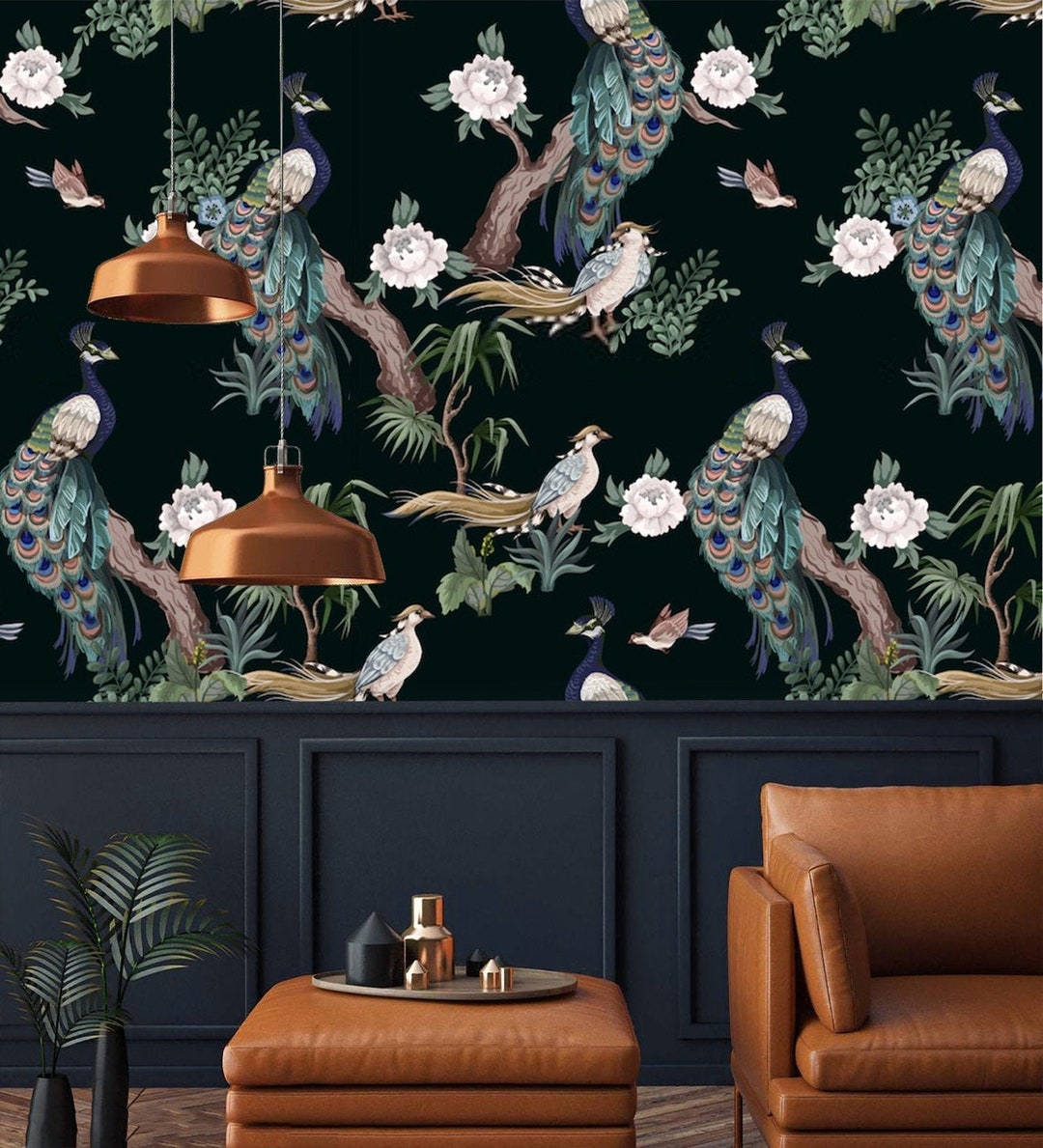 Dark Floral Wallpaper With Birds Peacocks Wall Mural Peel and - Etsy