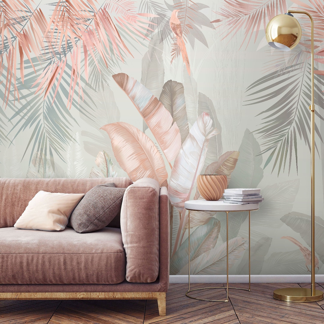 Tropical Wallpaper Mural Large Pastel Banana Leaves Peel and - Etsy