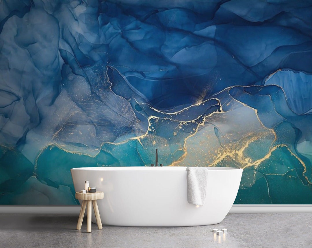 Abstract Blue Gold Art Wallpaper Luxury Artistic Mural Non - Etsy
