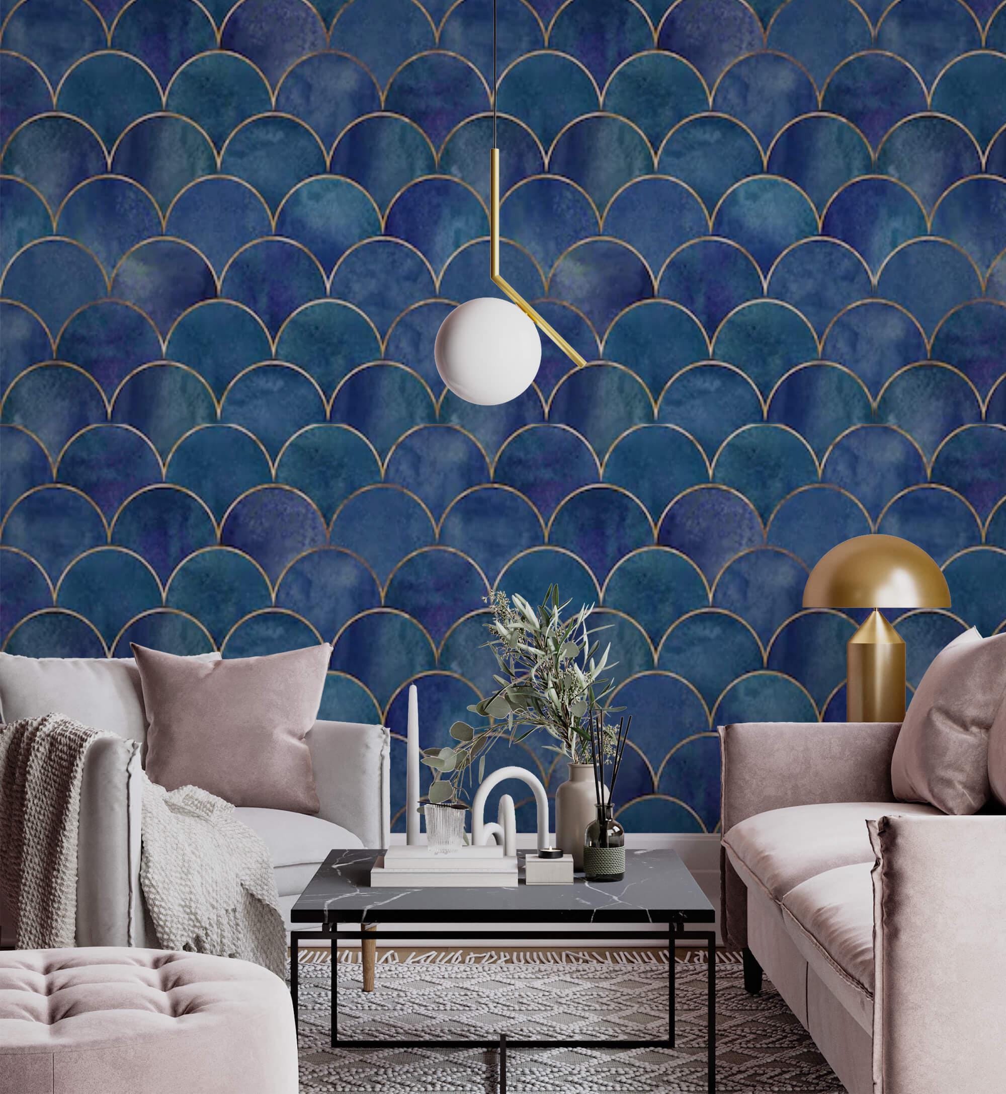 Art Deco Wallpaper Blue Gold Non Metallic Peel and Stick Removable or ...