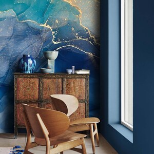 Abstract Blue Gold Art Wallpaper Luxury Artistic Mural Non - Etsy