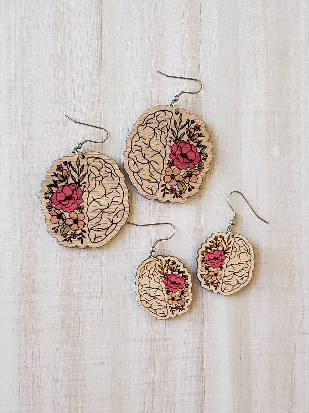 Floral Brain Wood Earrings - Etsy
