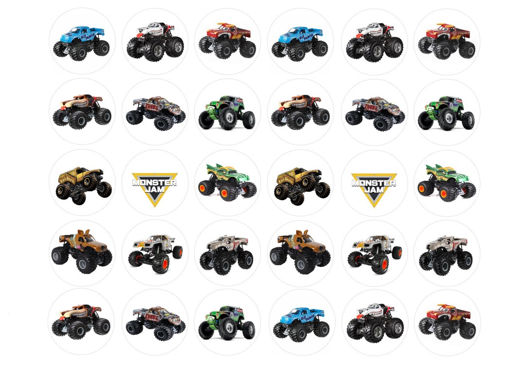 30 X Monster Trucks Jam Edible Icing Cupcake Toppers PRE-CUT to 3.5cm ...