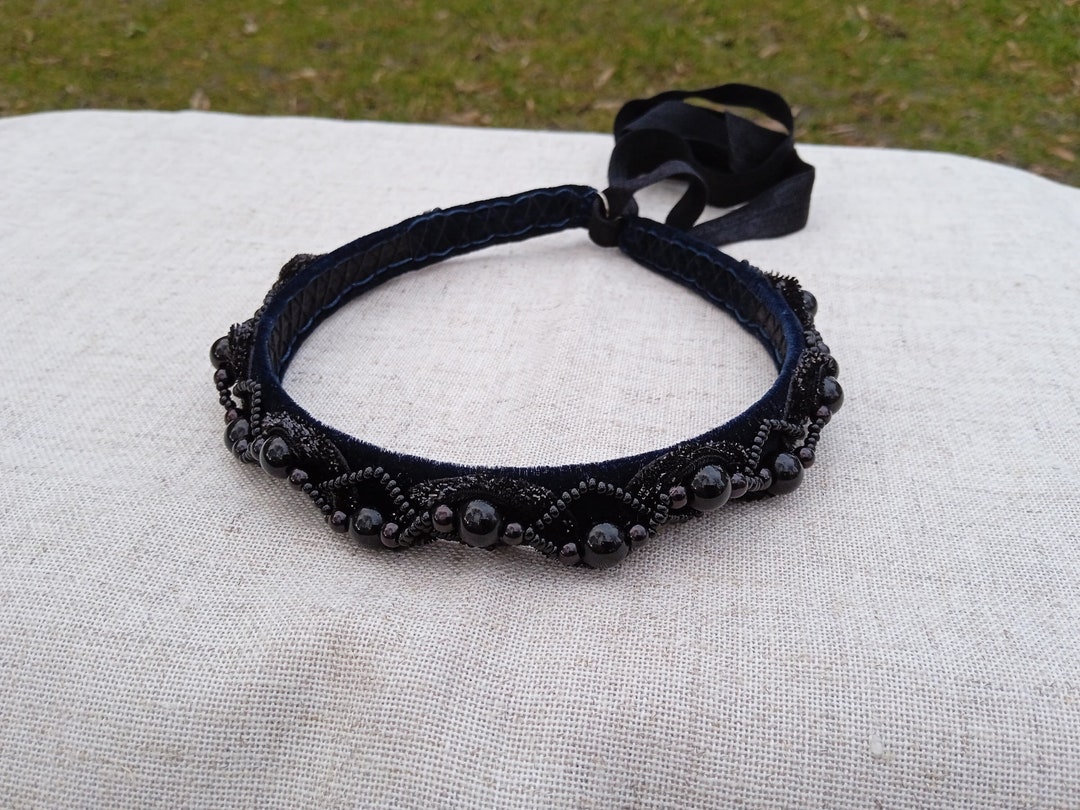 Black Goth Headband Gift for Her Velvet Glitter Minimalism Beaded ...