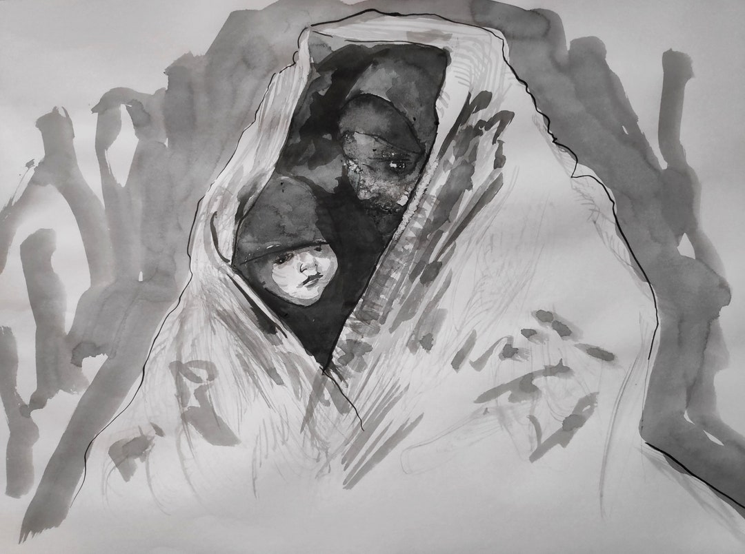 Family Together Expressive Ink Drawing of a Young Migrant and His ...