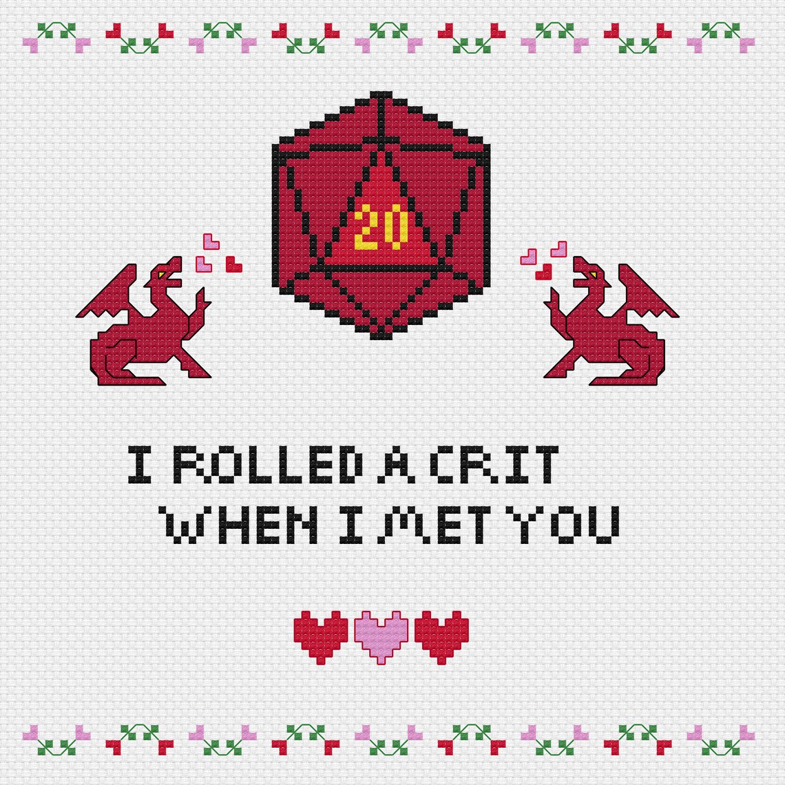 Dungeons and Dragons Cross Stitch Valentines Pattern, D20 With Dragons ...