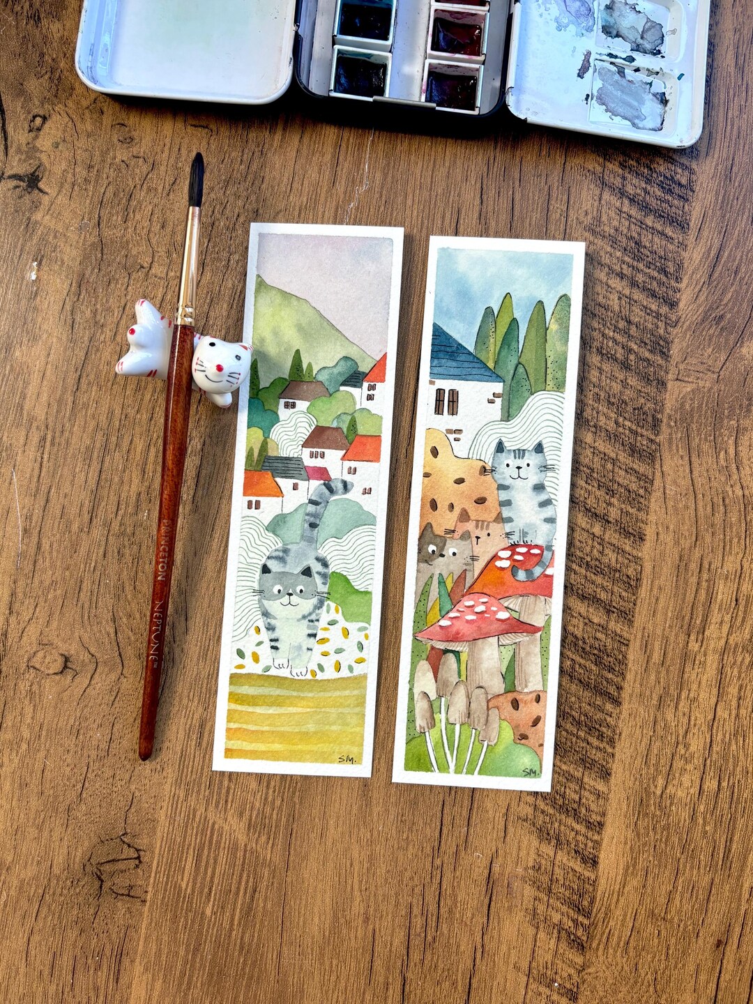 Bookmarks, Set of 2, 2x7, Original Hand-painted Watercolor, Cute Cat ...