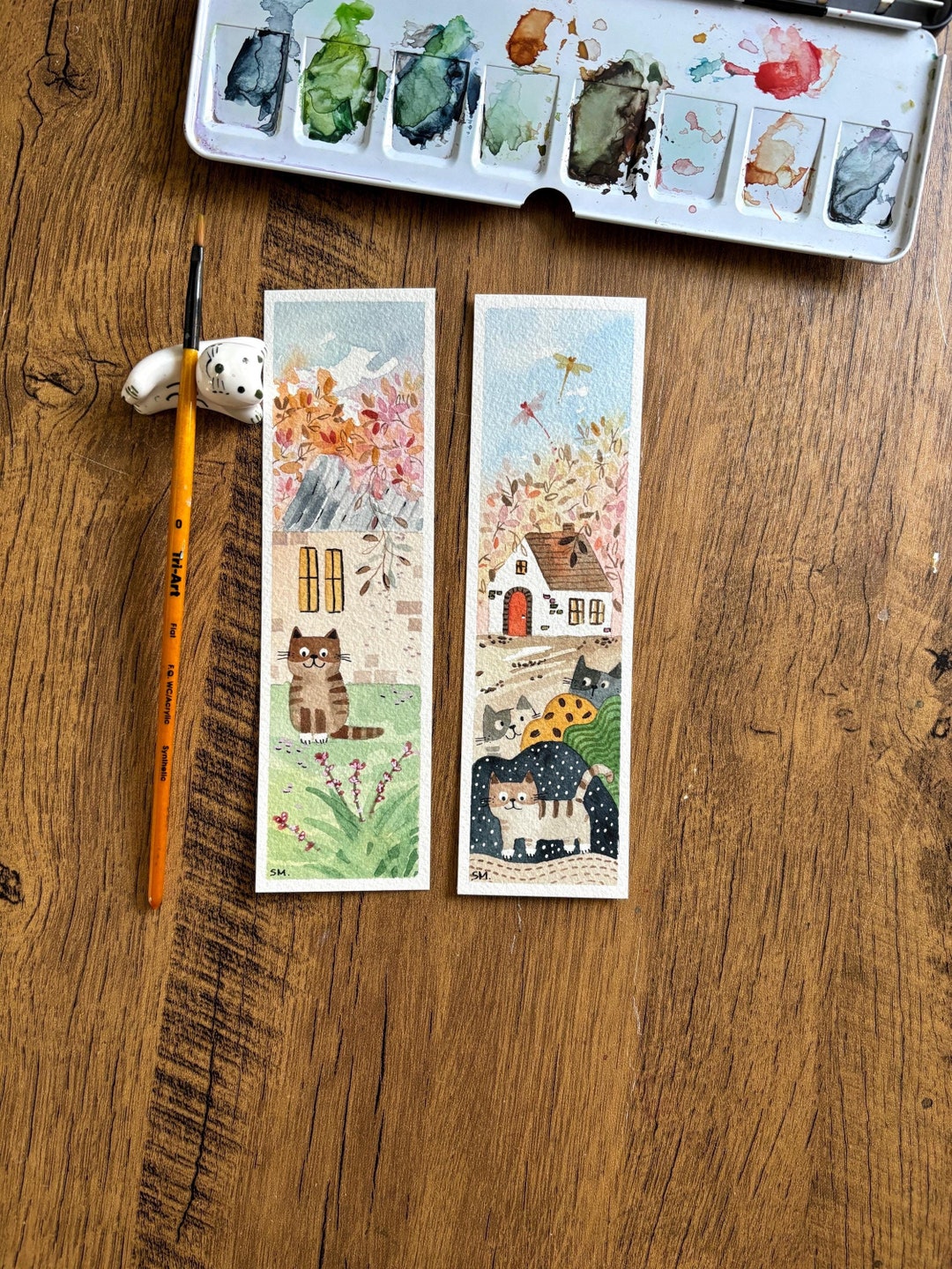 Bookmarks, Set of 2, 2x7, Original Hand-painted Watercolor, Cute Cat ...