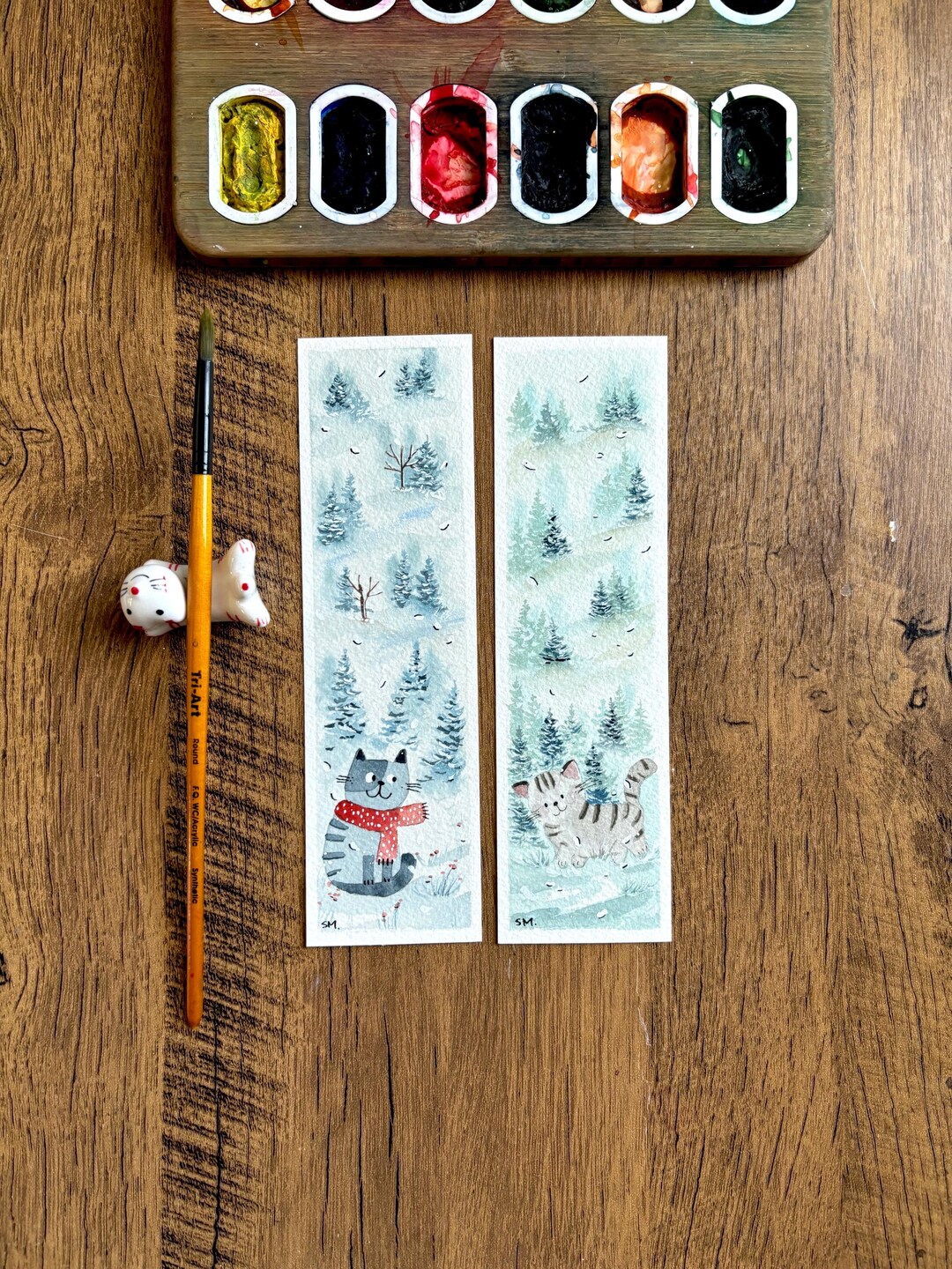 Bookmarks, Set of 2, 2x7, Original Hand-painted Watercolor, Cute Cat ...