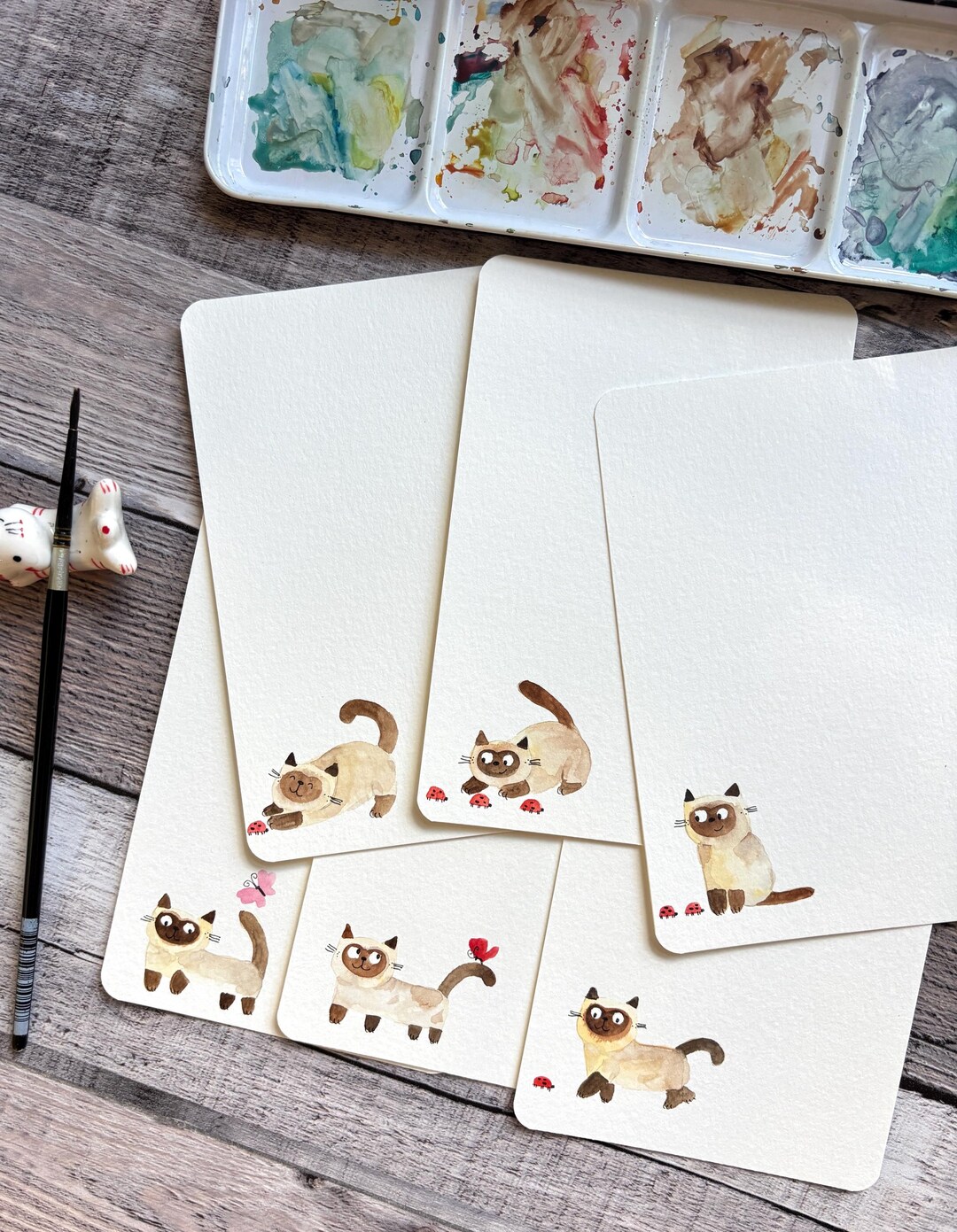 Watercolor Cat Note Card Set (6 Cards): Original Painting, 4x6 Flat ...