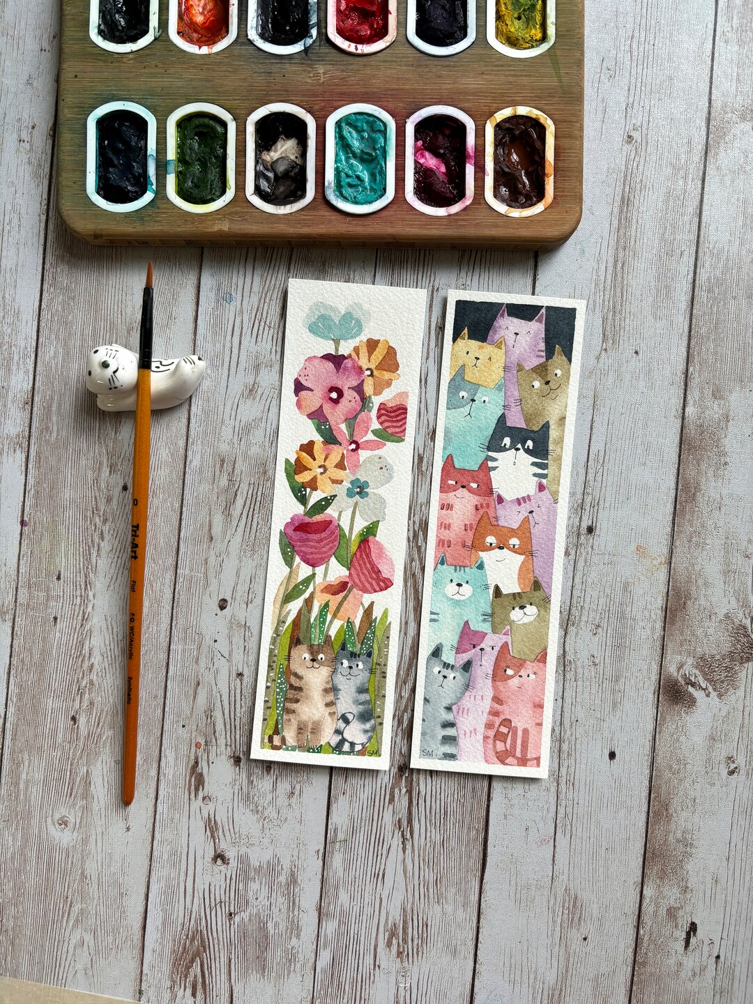 Bookmarks, Set of 2, 2x7, Original Hand-painted Watercolor, Cute Cat ...