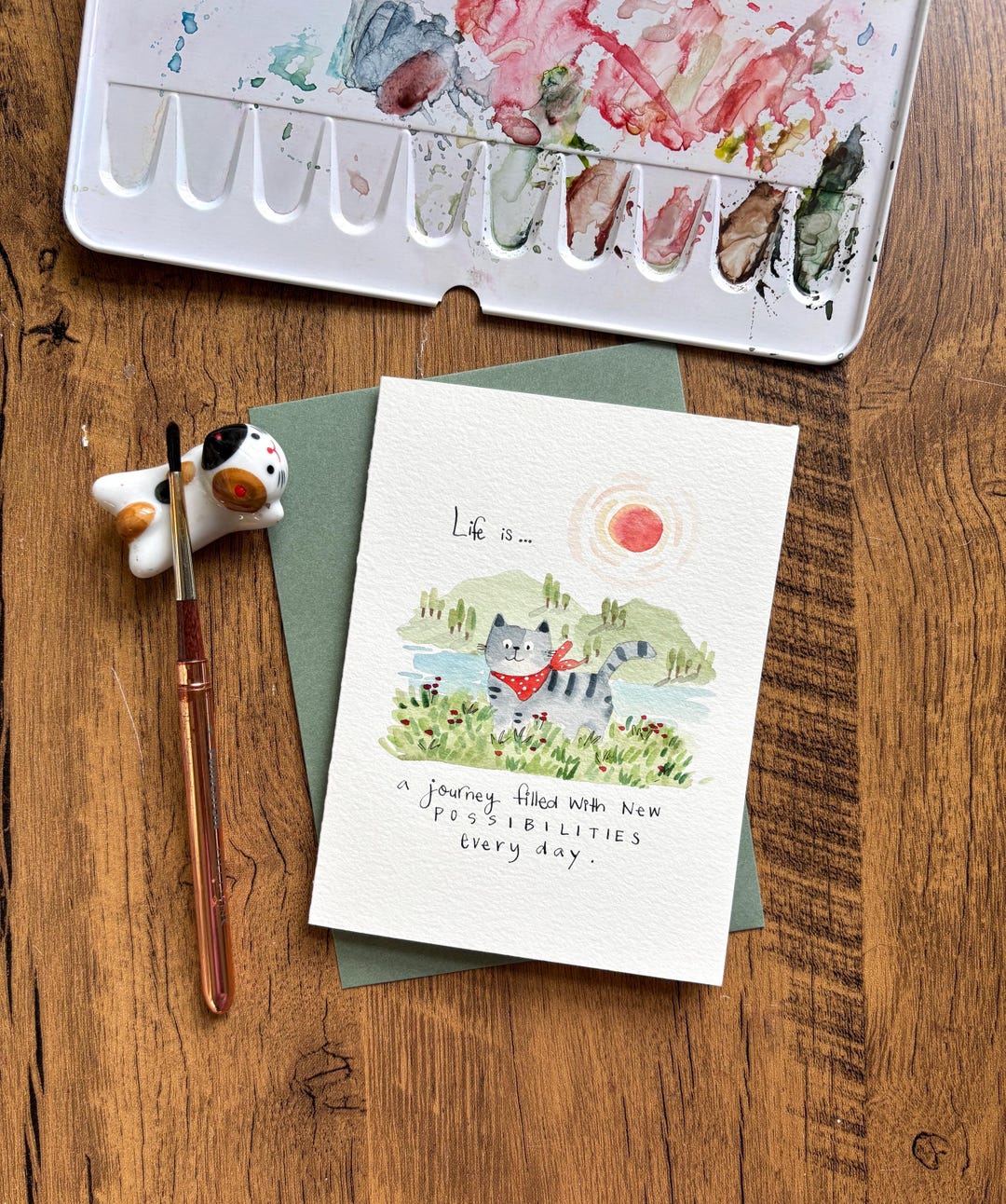 Watercolor Greeting Card, Original Watercolor Card, Card With Envelope, Cat Card, Blank Card ...