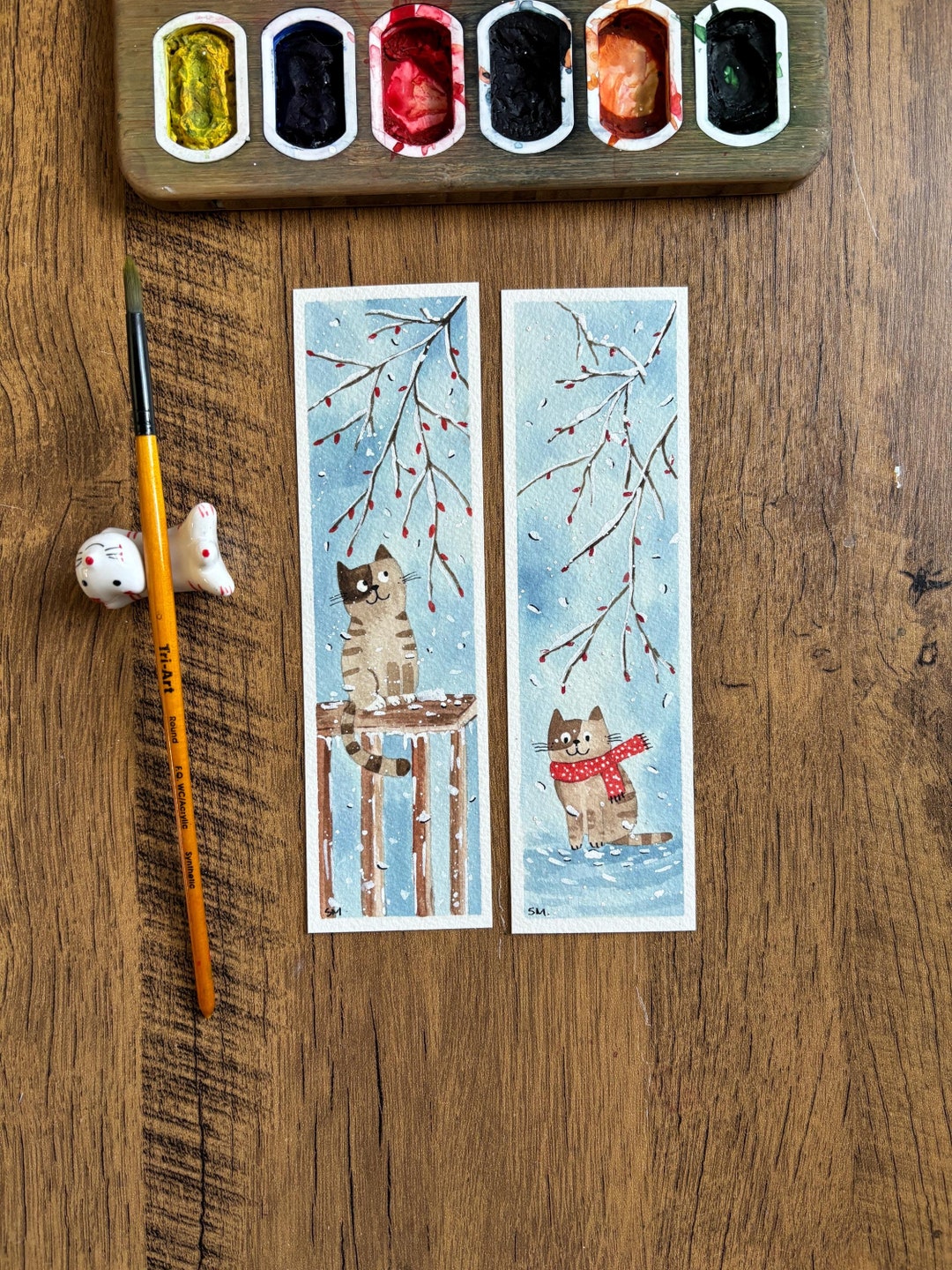 Bookmarks, Set of 2, 2x7, Original Hand-painted Watercolor, Cute Cat ...
