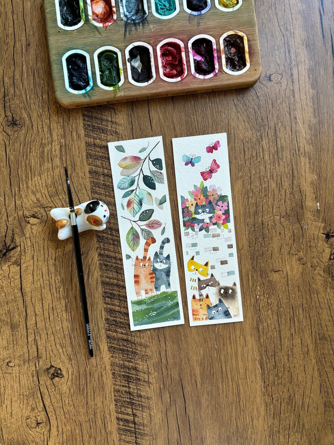 Bookmarks, Set of 2, 2x7, Original Hand-painted Watercolor, Cute Cat ...