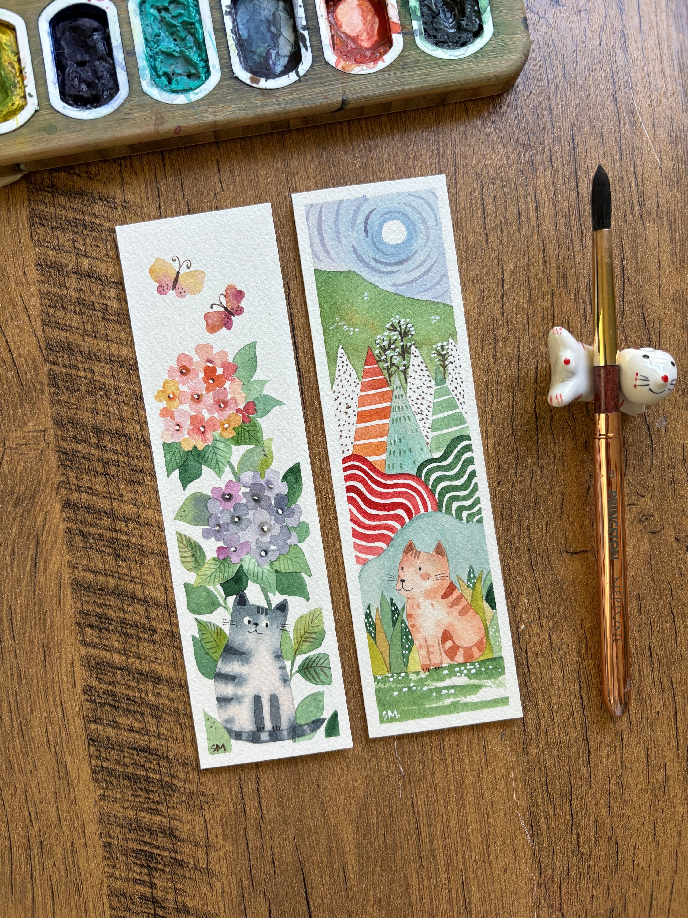 Bookmarks, Set of 2, 2x7, Original Hand-painted Watercolor, Cute Cat ...