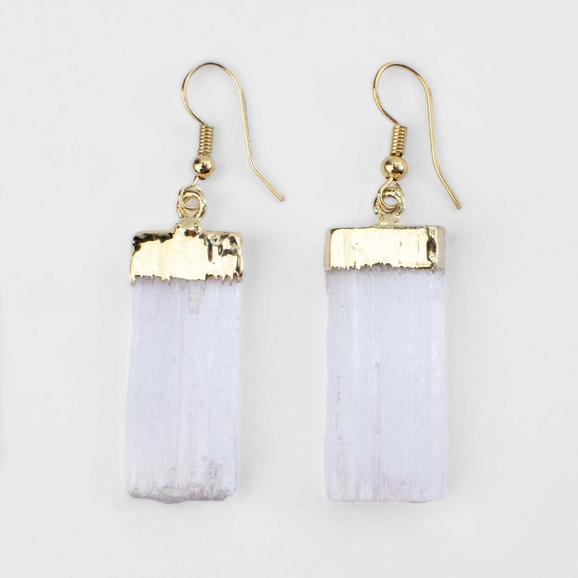 Selenite Crystal Earrings, Rough Stone, Gold Trim, Gift Box, Gift for ...