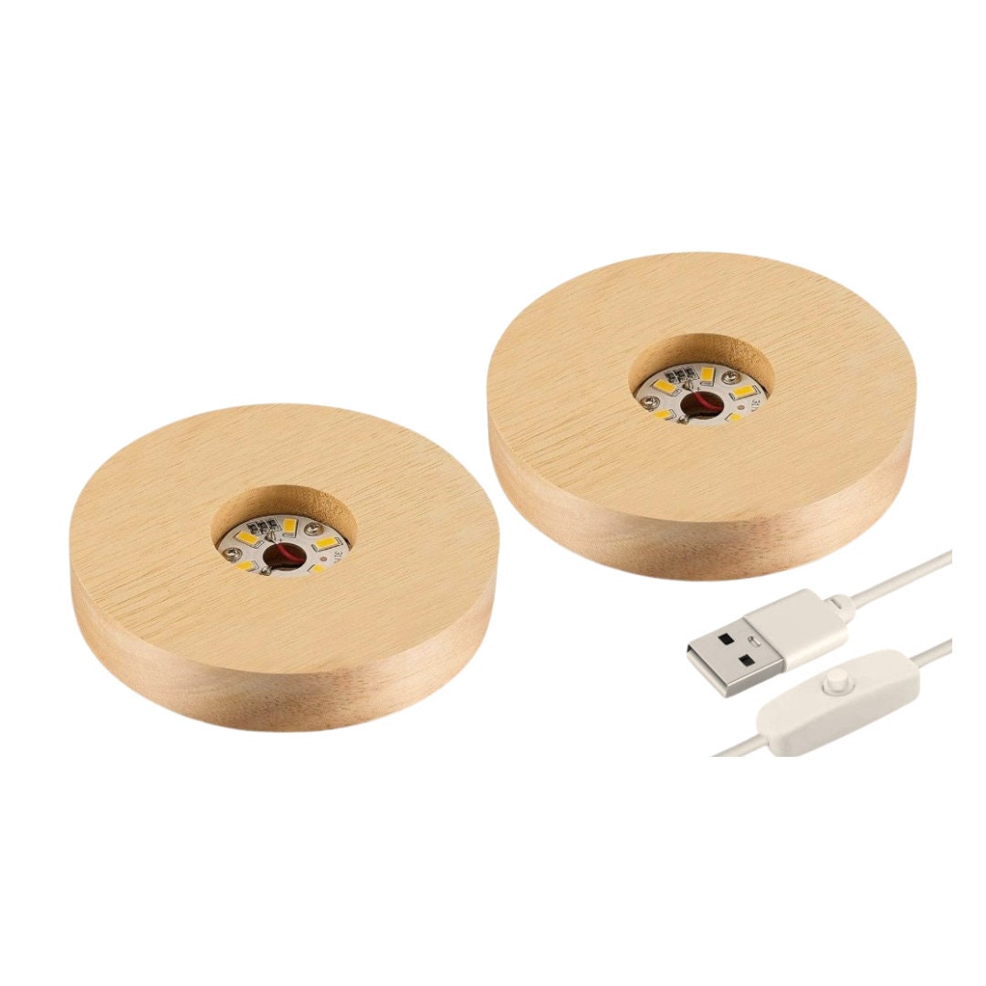 Crystal Wooden White Light Stand Base W/ USB Natural Wood Base LED for ...