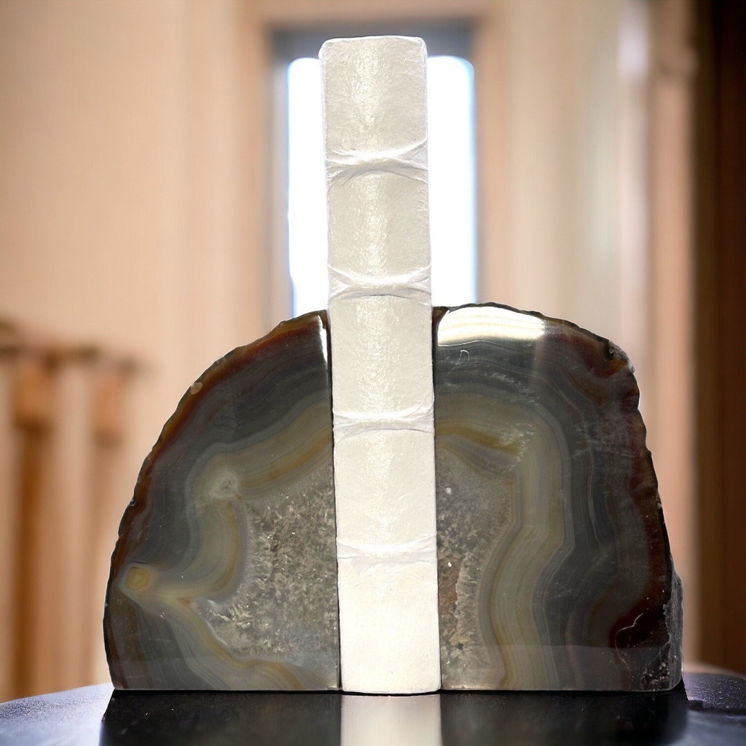 Crystal Agate Bookends W/ Geode Center, Natural Stone, Bookshelf Decor ...