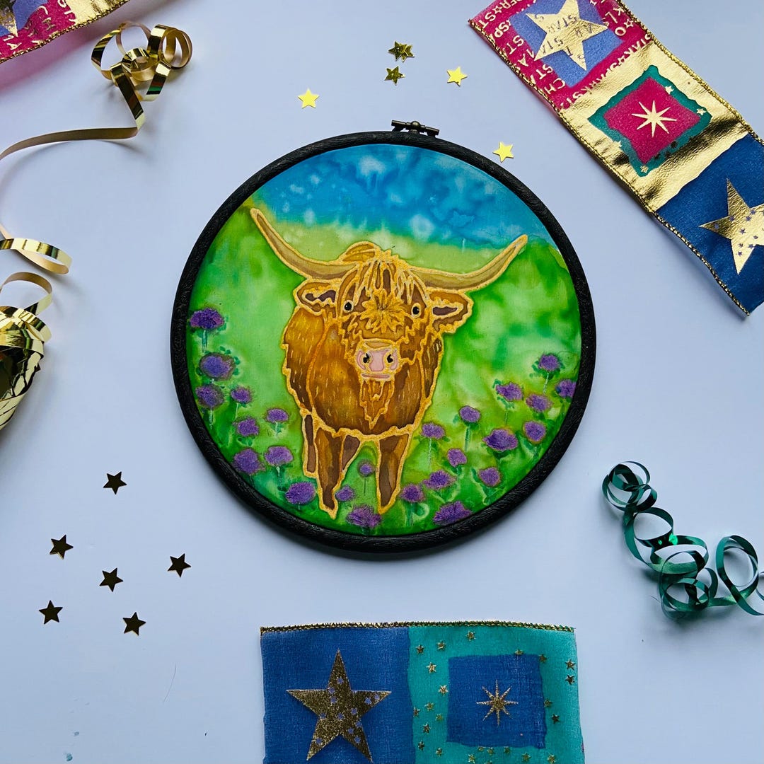 Hand Painted Highland Cow Silk Circle Window or Wall Hanging, Unique ...