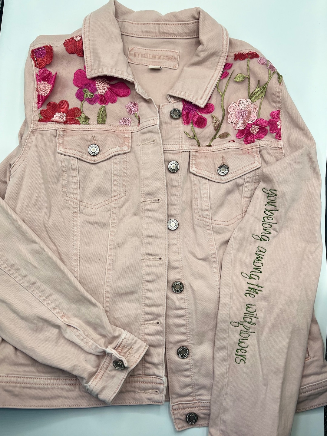 Embroidered Flower Pink Jean Jacket, Wildflower Embroidery on a Jean ...