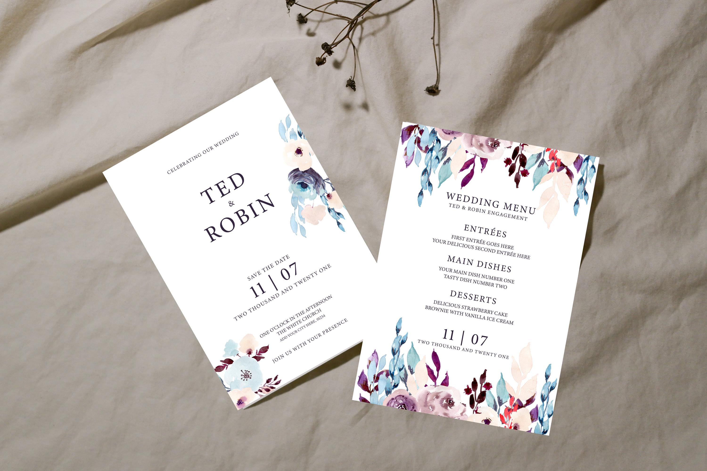 Printable Wedding Invitation Card Template Set Editable Watercolor ...