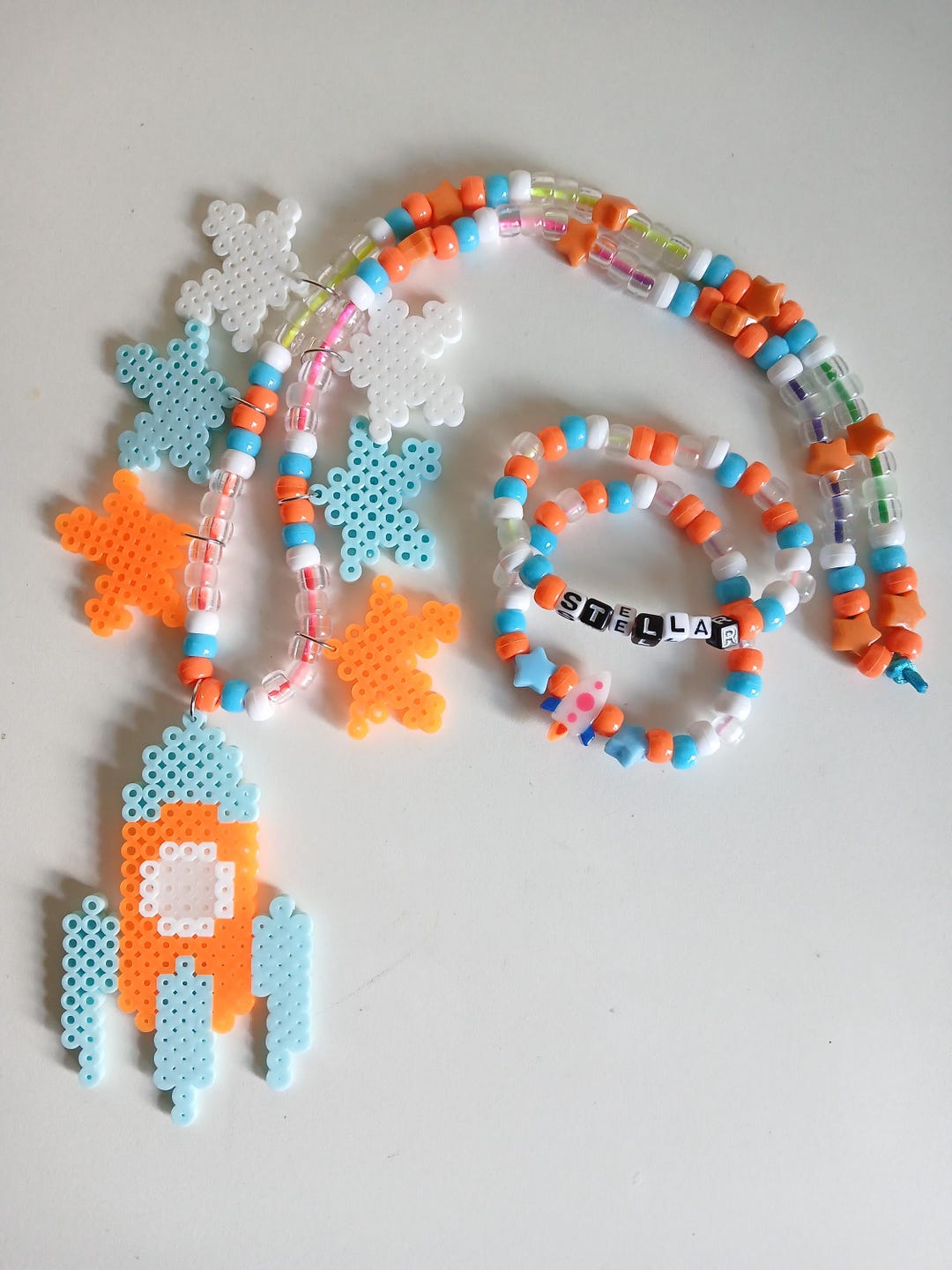 Stellar Rocket Ship Kandi Perler Necklace Set Kidcore Arcadecore Gift ...