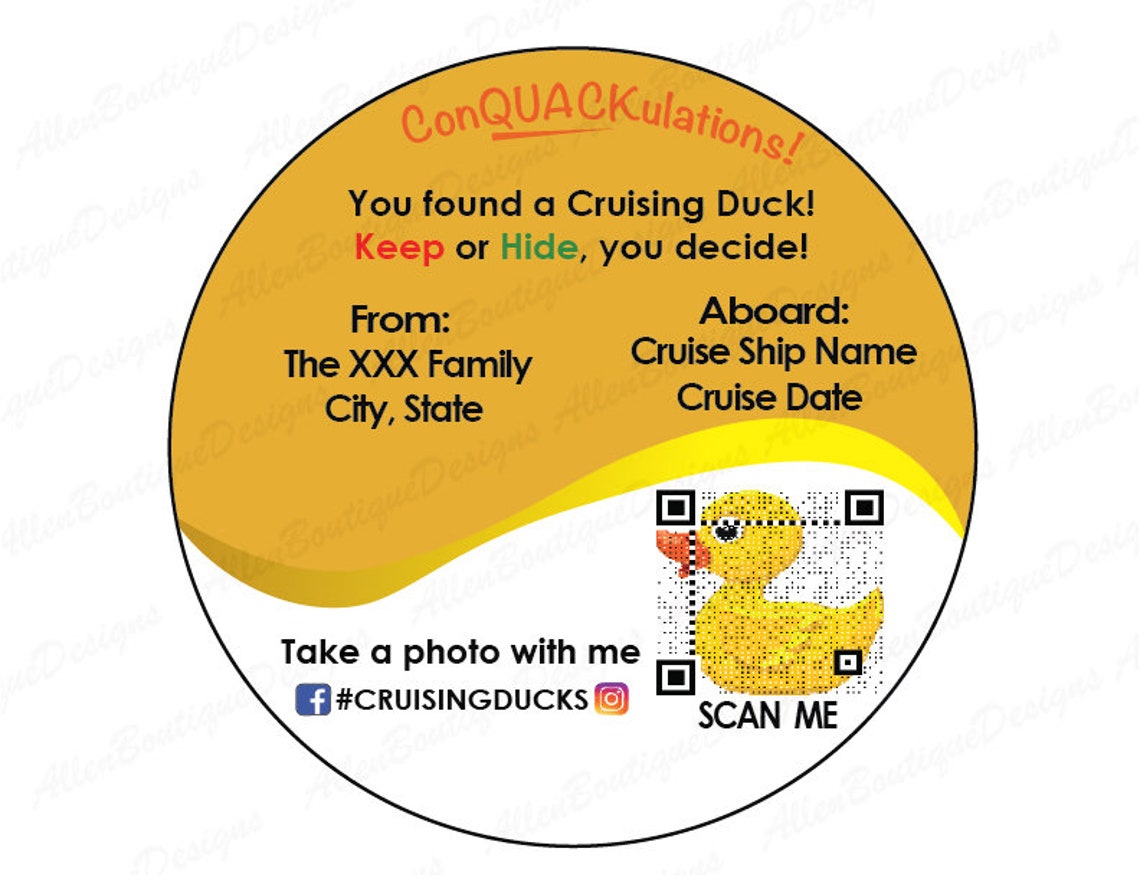 Gold Customized Duck Tags: Theme Cruise Round Duck Tags With QR Code ...