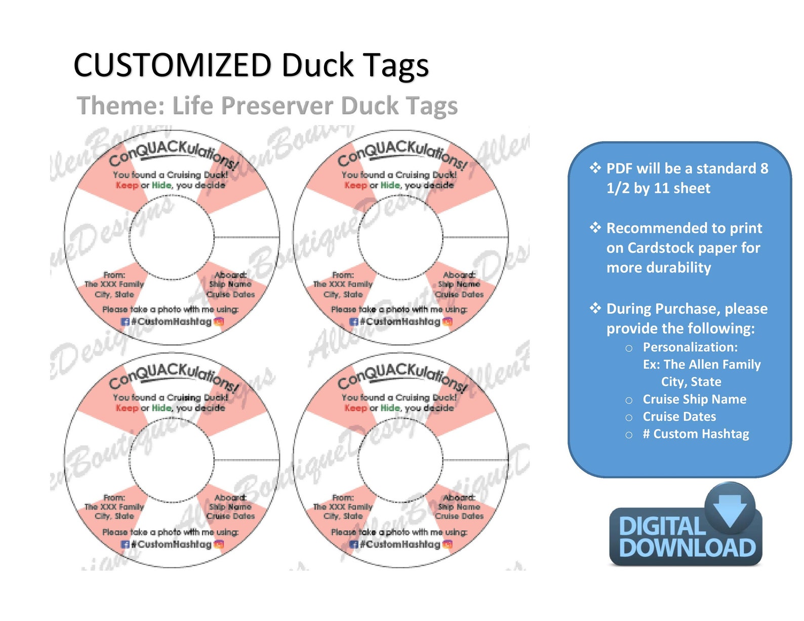 Customized Duck Tags: Theme Life Preserver Duck Tag / - Etsy