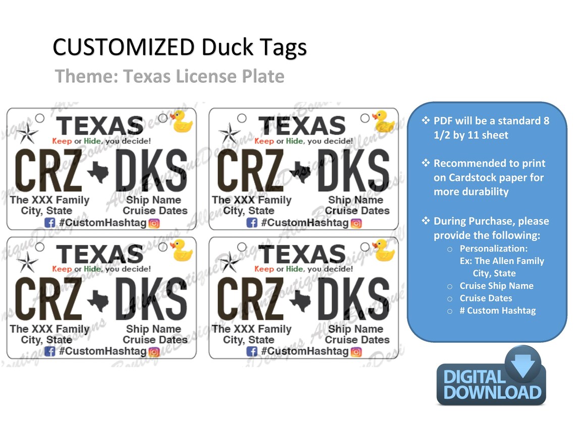 Texas License Plate Cruising Duck Tags / Cruise Duck Tags / - Etsy