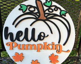 Hello Pumpkin Wooden Door Sign Wooden Door Hanger Front Door Decor Fall ...