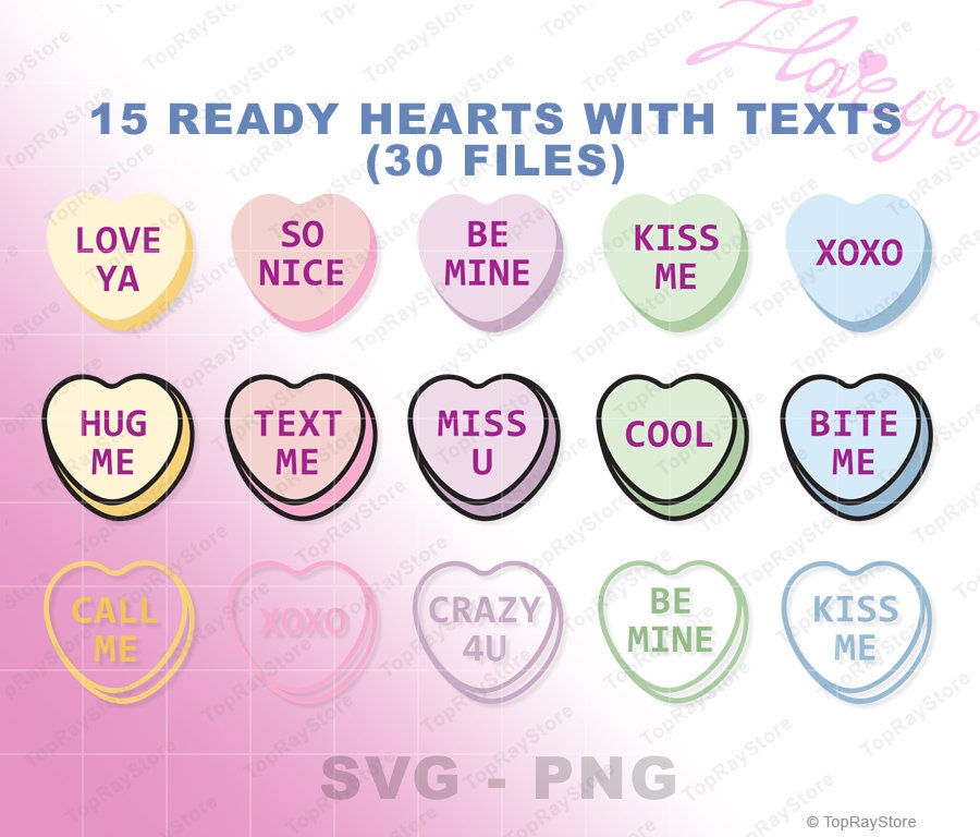 Candy Hearts Bundle SVG Conversation Hearts SVG Valentines - Etsy
