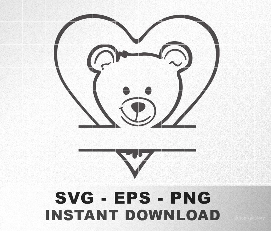 Teddy Bear SVG Split Monogram, With Heart, Bear Vector Clipart, Outline ...