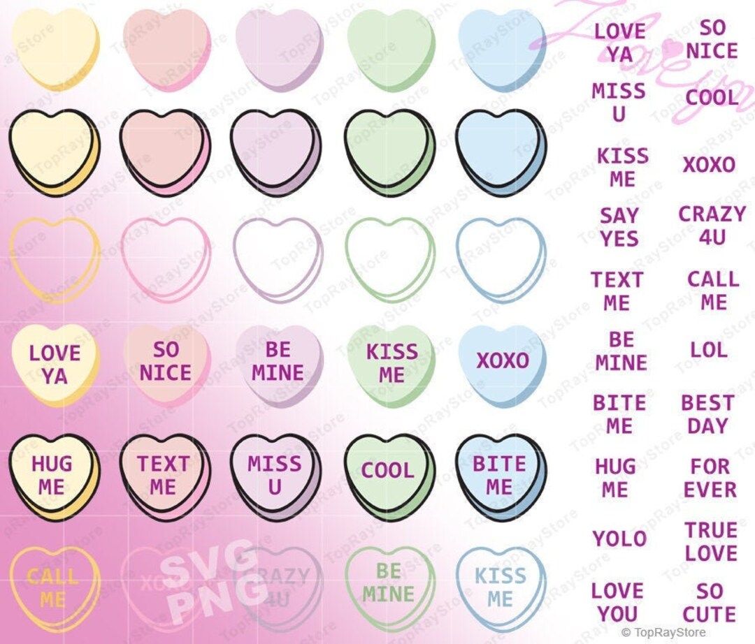 Candy Hearts Bundle SVG, Conversation Hearts SVG, Valentines Day SVG ...