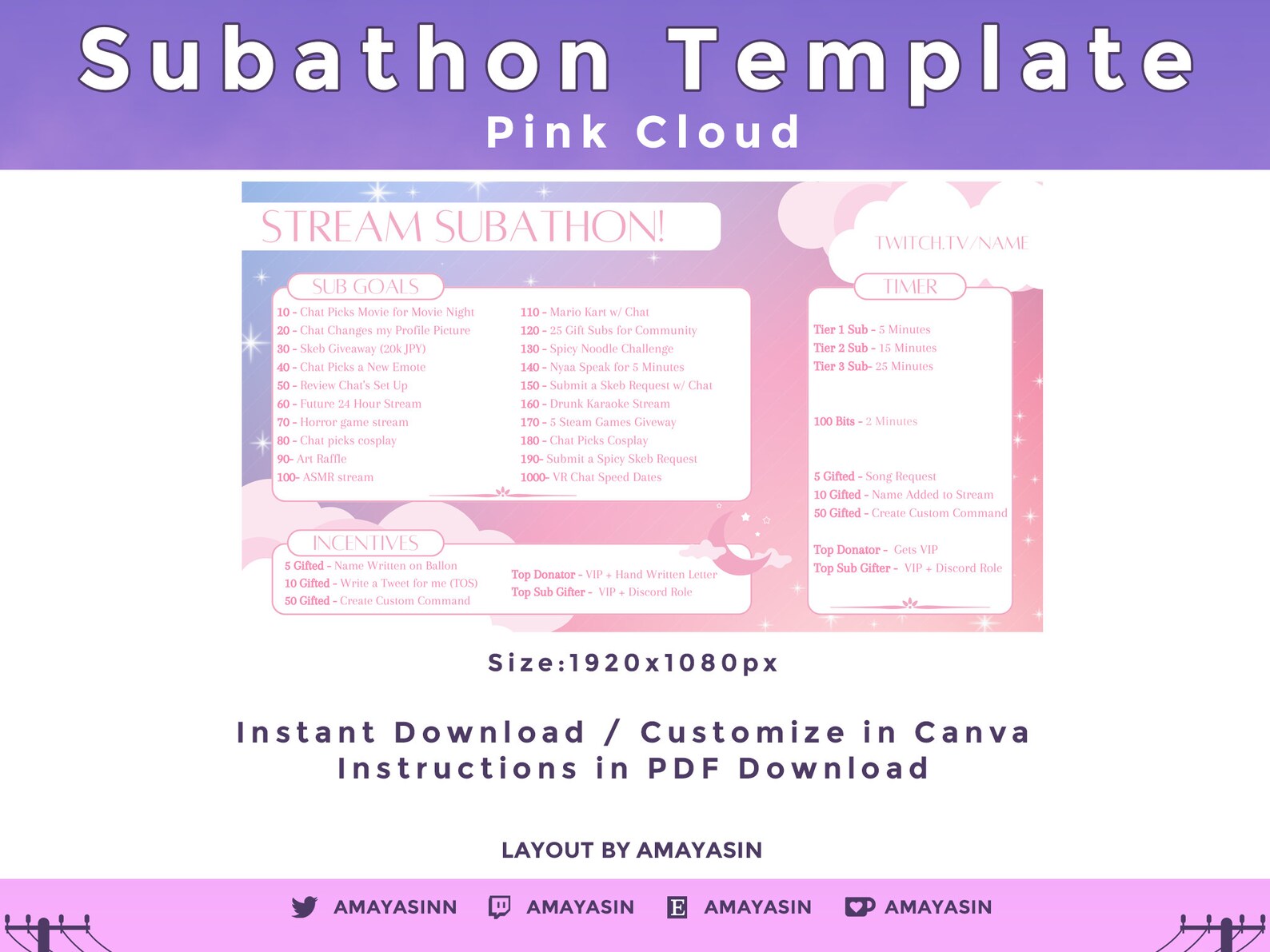 Subathon Template - Pink Cloud | Cute Overlay | Donothon | Fully Customizable | Subathon Graphic ...