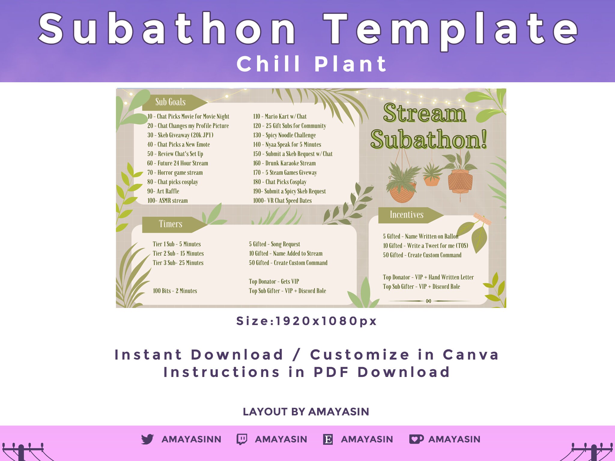 Subathon Template - Chill Plant | Cute Overlay | Donothon | Fully ...