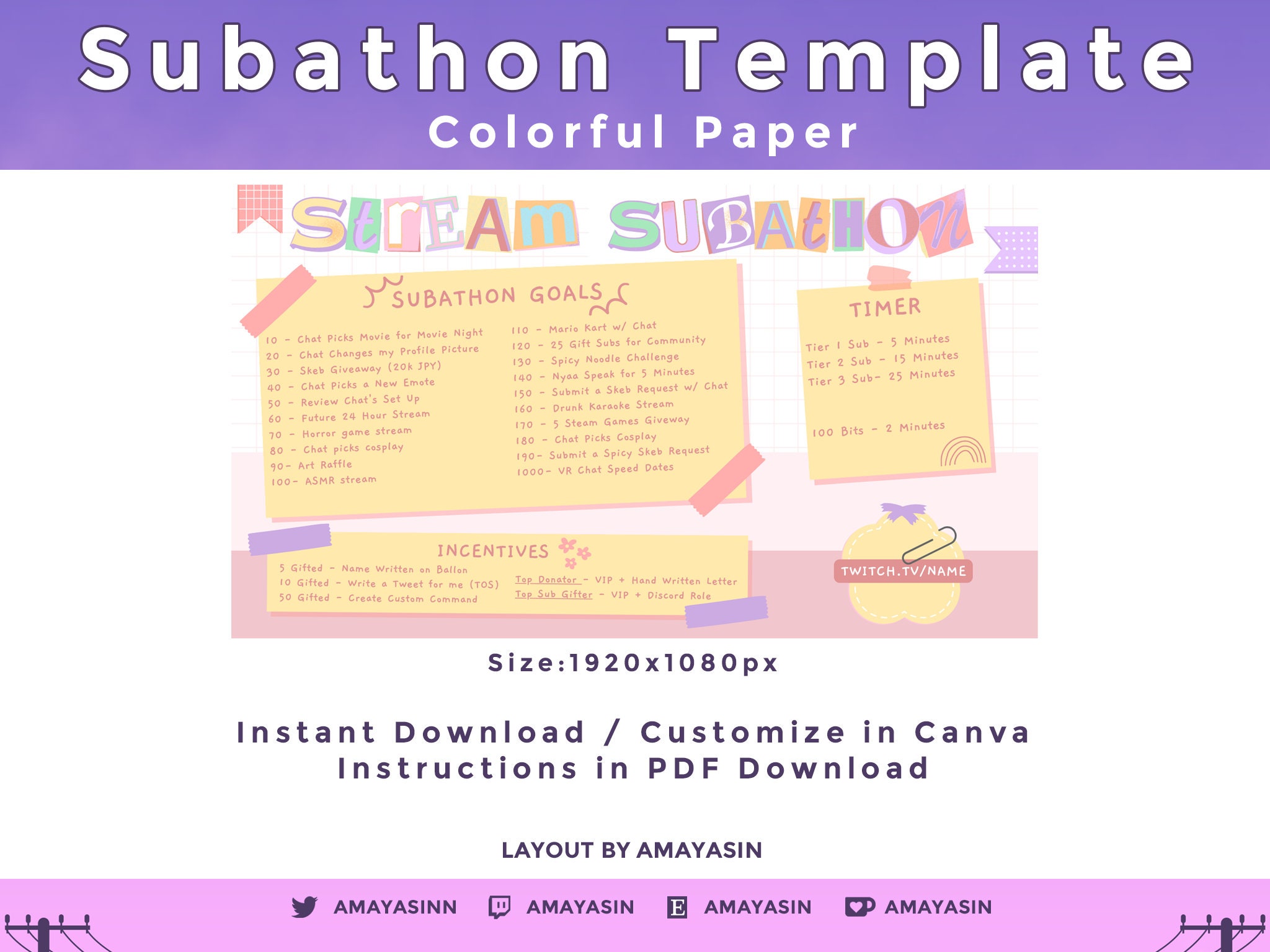 Subathon Template - Colorful Paper | Cute Overlay | Donothon | Fully ...