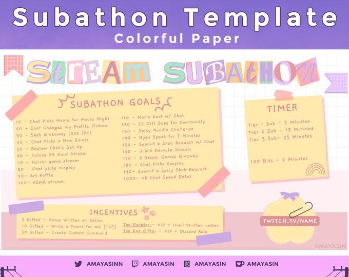 Subathon Template - Colorful Paper | Cute Overlay | Donothon | Fully ...