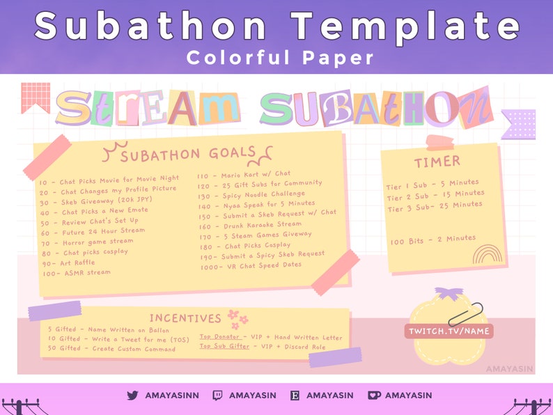 Subathon Template - Colorful Paper | Cute Overlay | Donothon | Fully ...