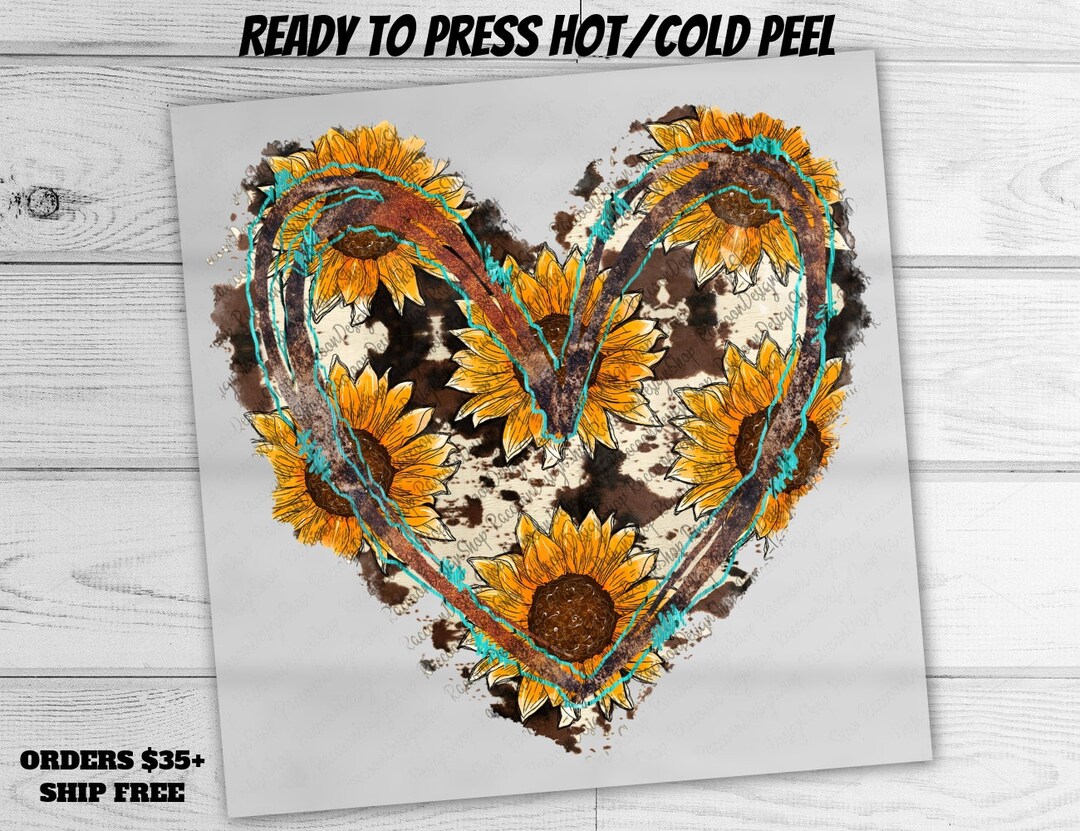 Western Cowhide Heart and Sunflower Design, Ready to Press DTF Heat ...