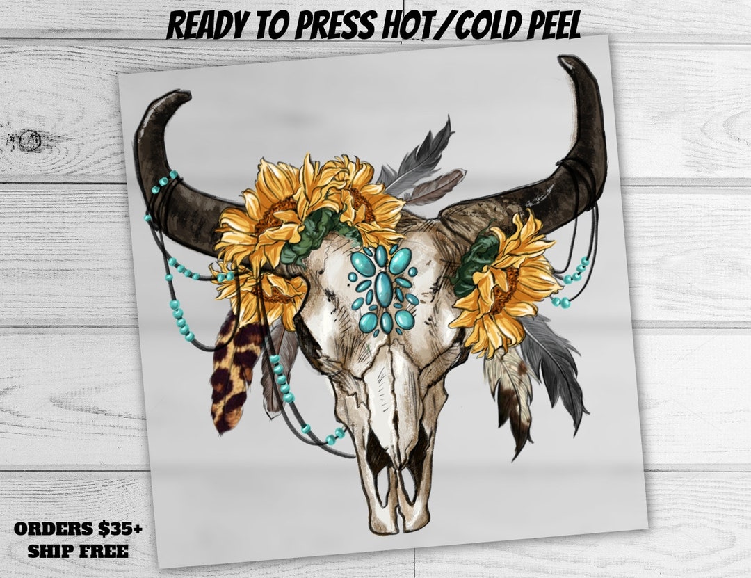 Boho Sunflower Bull Skull DTF Transfer, Heat-ready Feathered Western ...