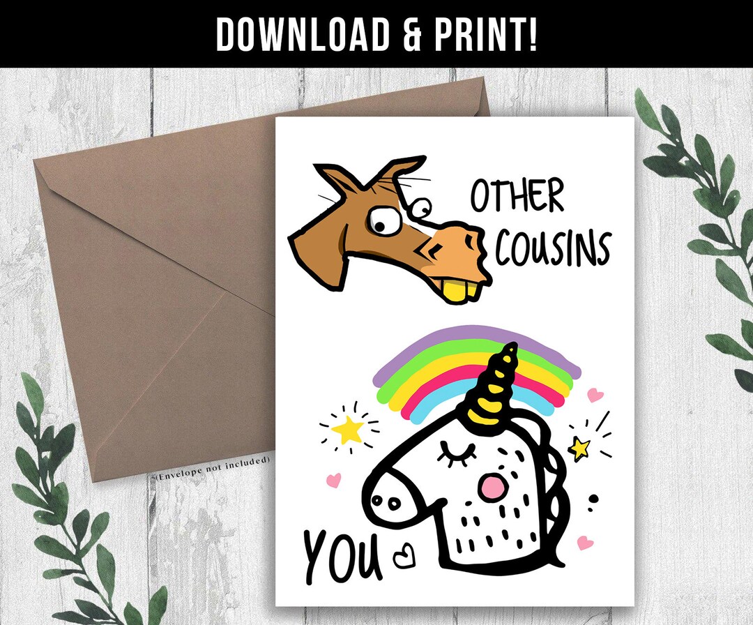 DIGITAL DOWNLOAD Funny Birthday Card for Cousin. Horse & Unicorn Birthday Gift for Cousin. Other ...