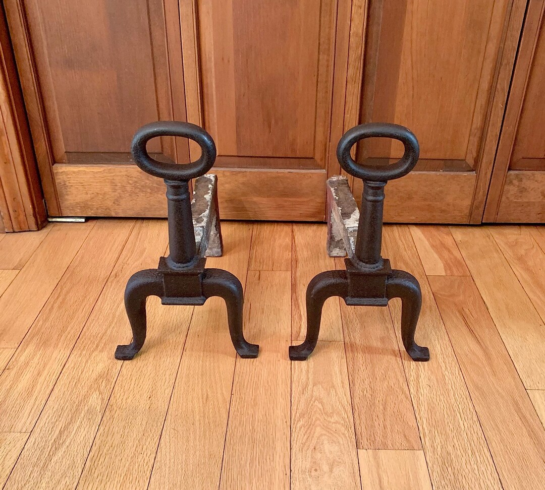 Antique 1800s Large keyhole Style Cast Iron Fireplace Andirons Fire ...