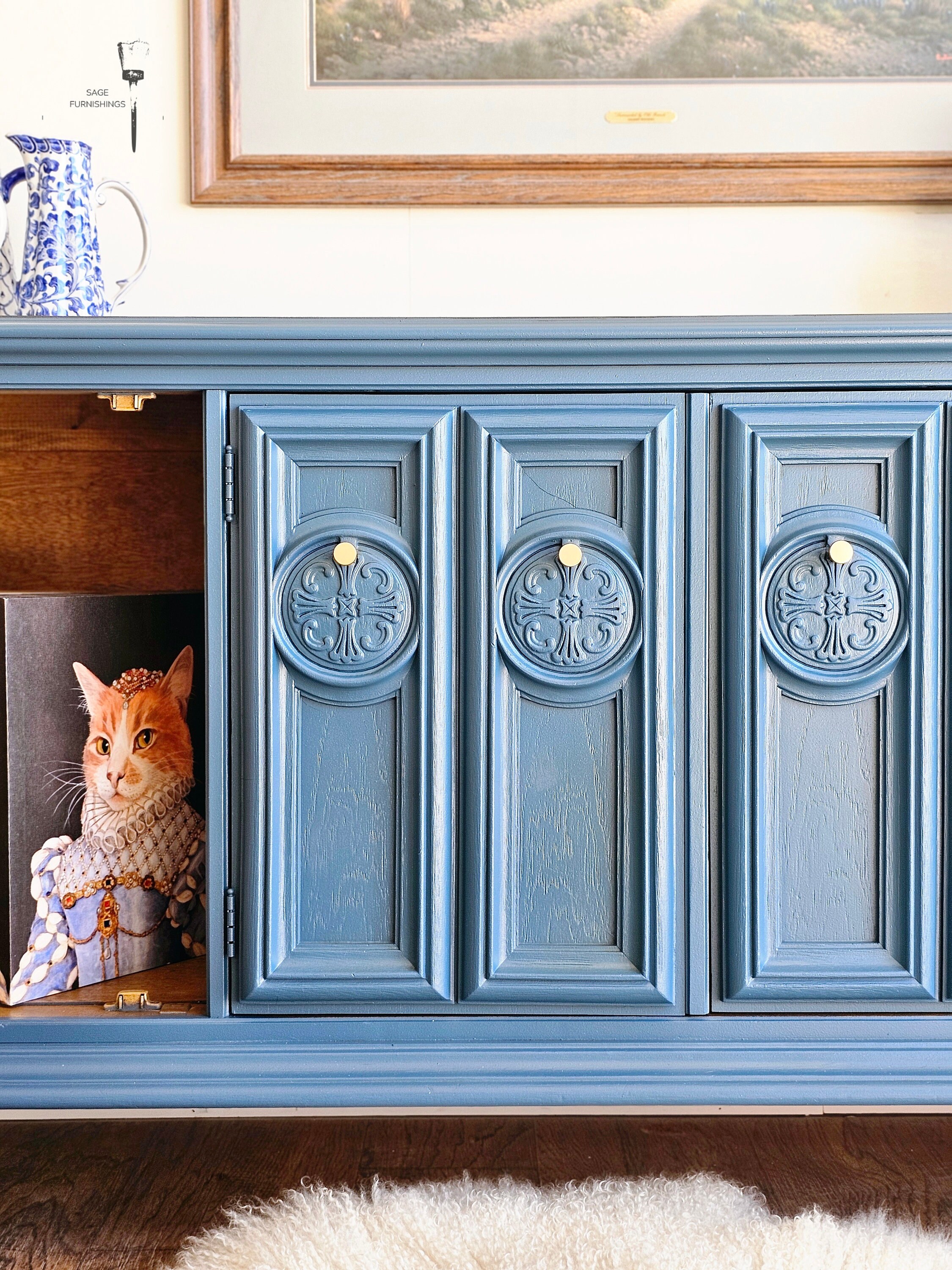 Mcm Blue Media Console Modern Dresser Credenza Vintage Mid-century ...