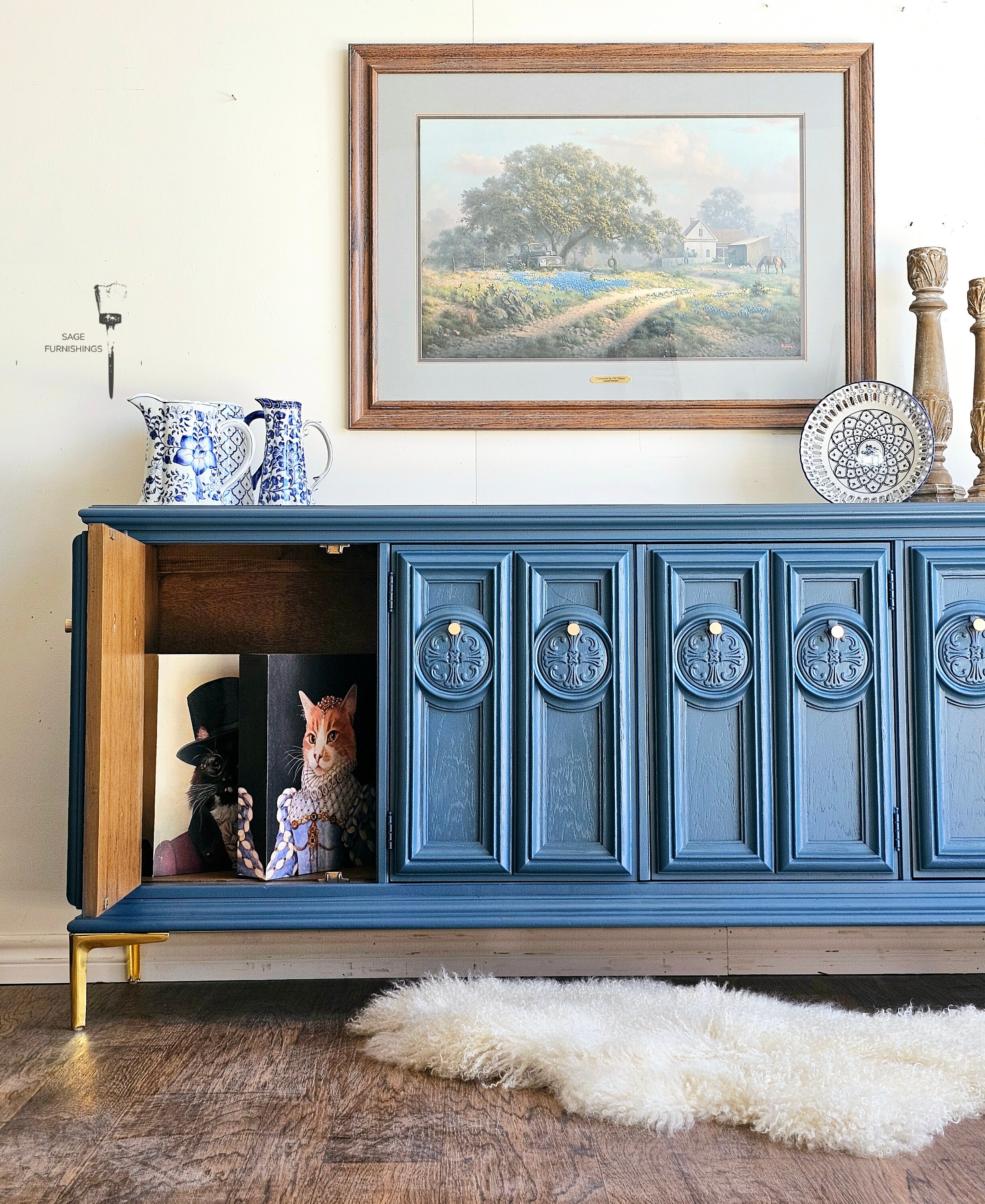 Mcm Blue Media Console Modern Dresser Credenza Vintage Mid-century ...