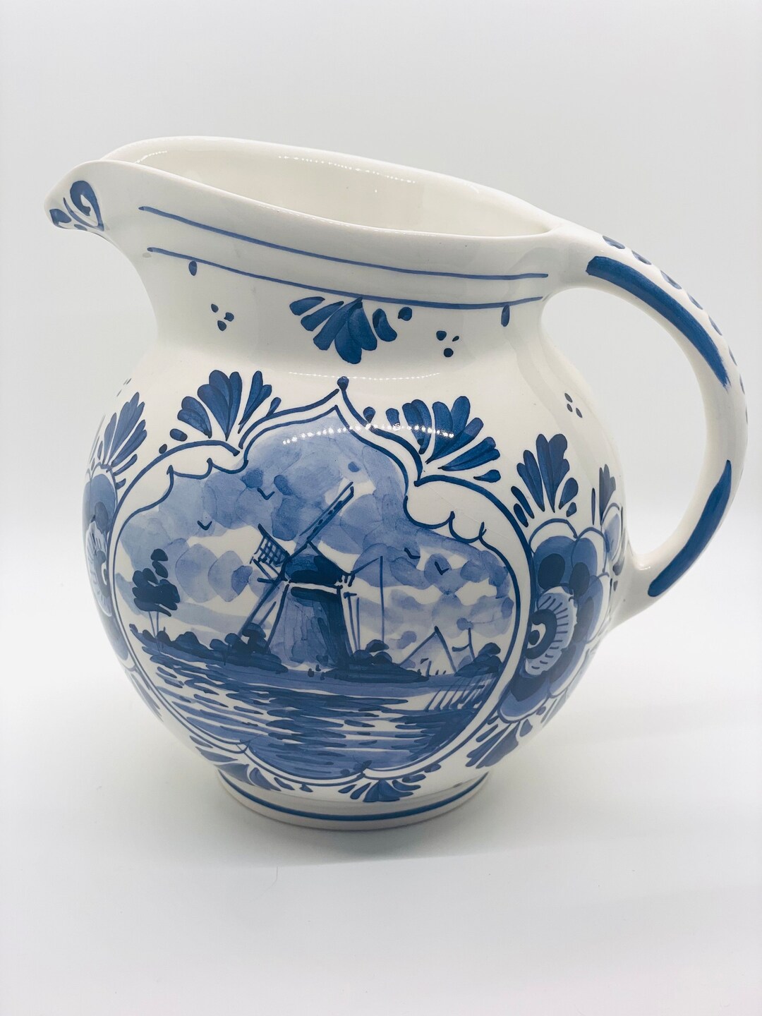 Delft Blue Pitcher: Hand Painted Windmill an Floral Design, Blue and ...