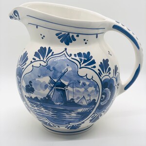 Delft Blue Pitcher: Hand Painted Windmill an Floral Design, Blue and ...