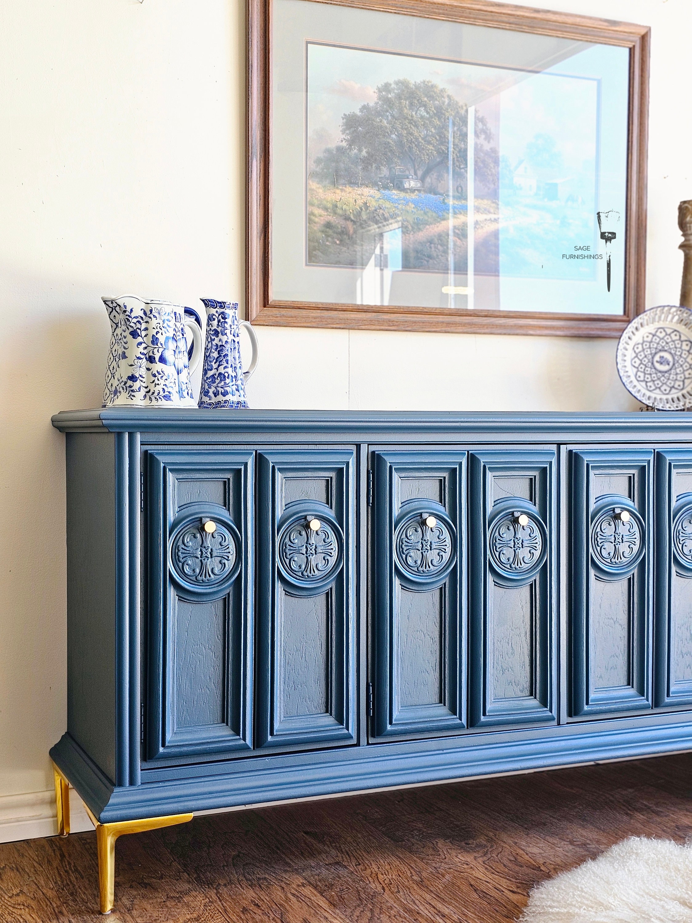 Mcm Blue Media Console Modern Dresser Credenza Vintage Mid-century ...