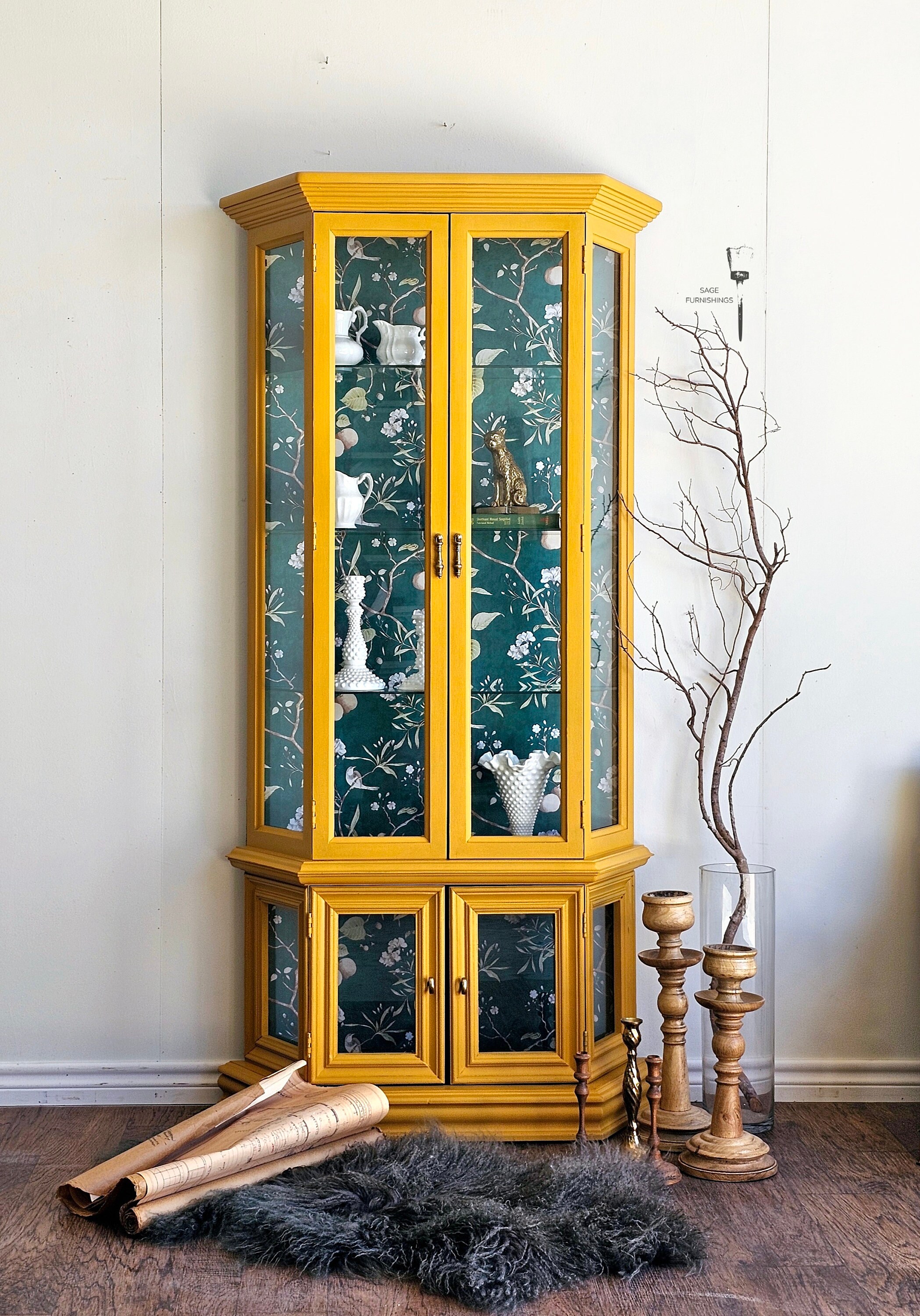Kitchen China Hutch Glass display cabinet for collectibles China Cabinet Yellow Furniture Dining Room Hutch Gifts for Home